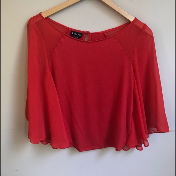 bebe | Tops | Sheer Sleeves Soft Material Flowy Red Shirt | Poshmark
